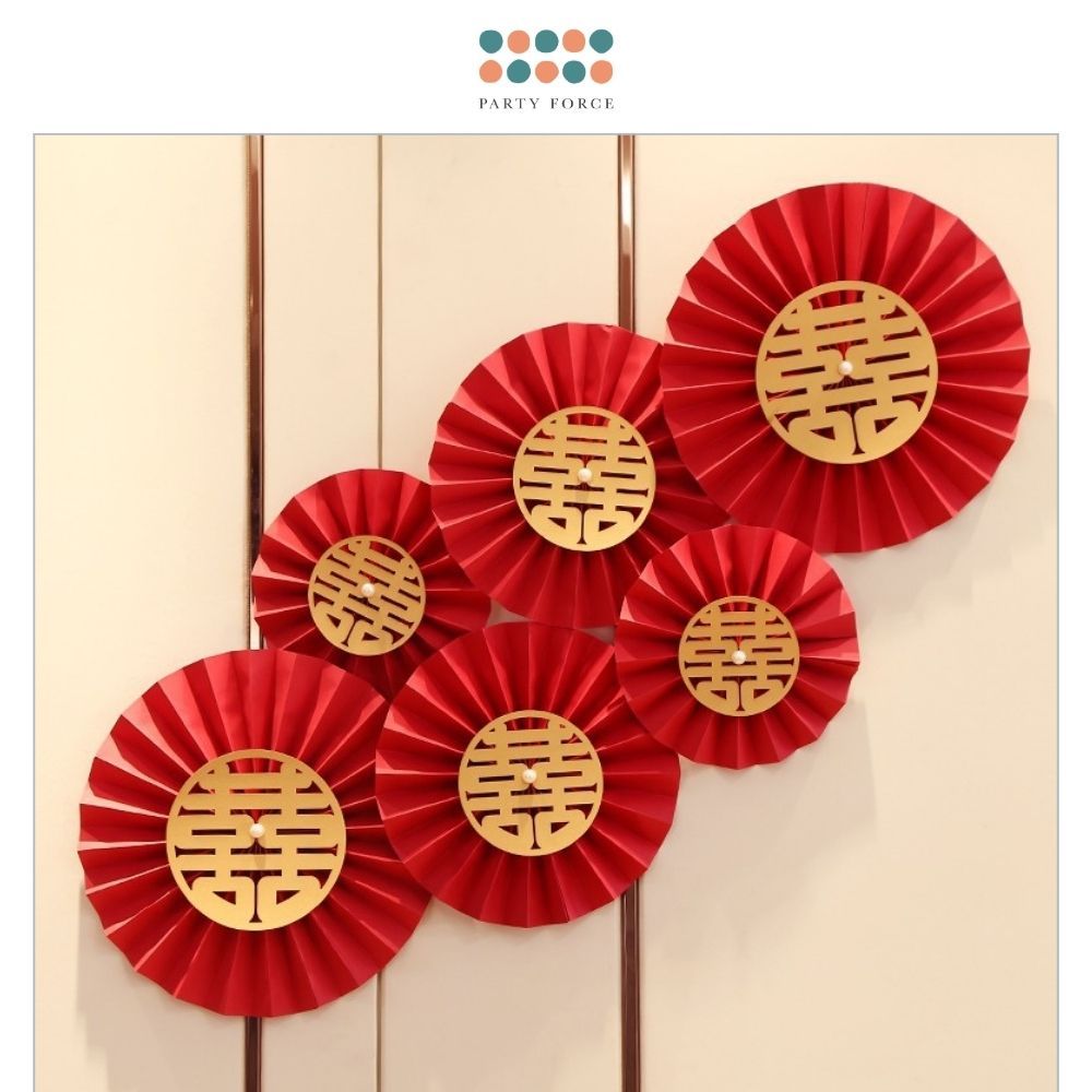 囍 Chinese Red Theme Happiness Party Fan 6pcs Set for Chinese Tradision ...