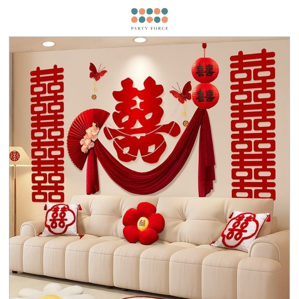 囍 Red Wedding Butterfly Fan with Flower Backdrop Decoration Set Value ...